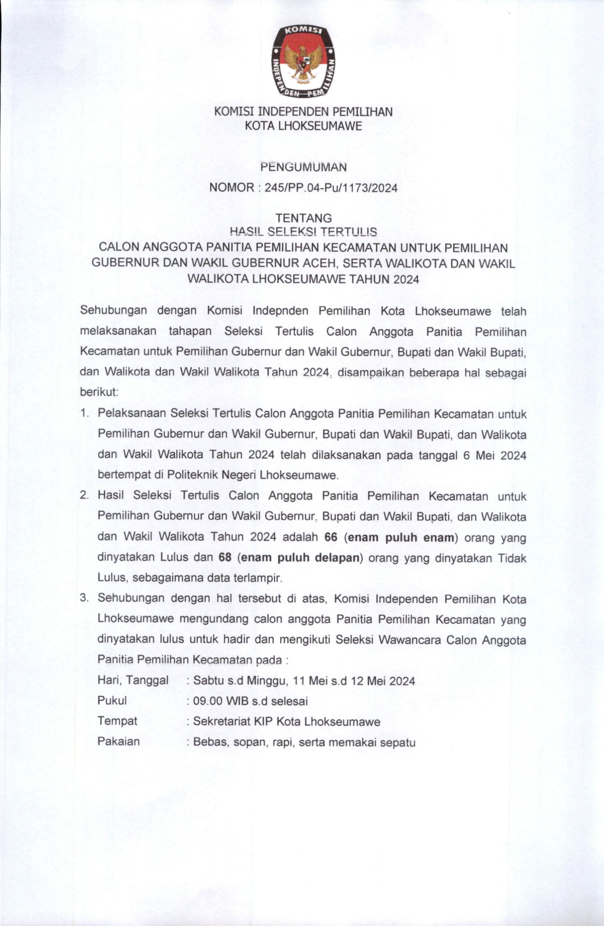 KPU KOTA-LHOKSEUMAWE - Pengumuman Hasil Seleksi Tertulis Calon Anggota PPK Untuk Pilkada Tahun ...